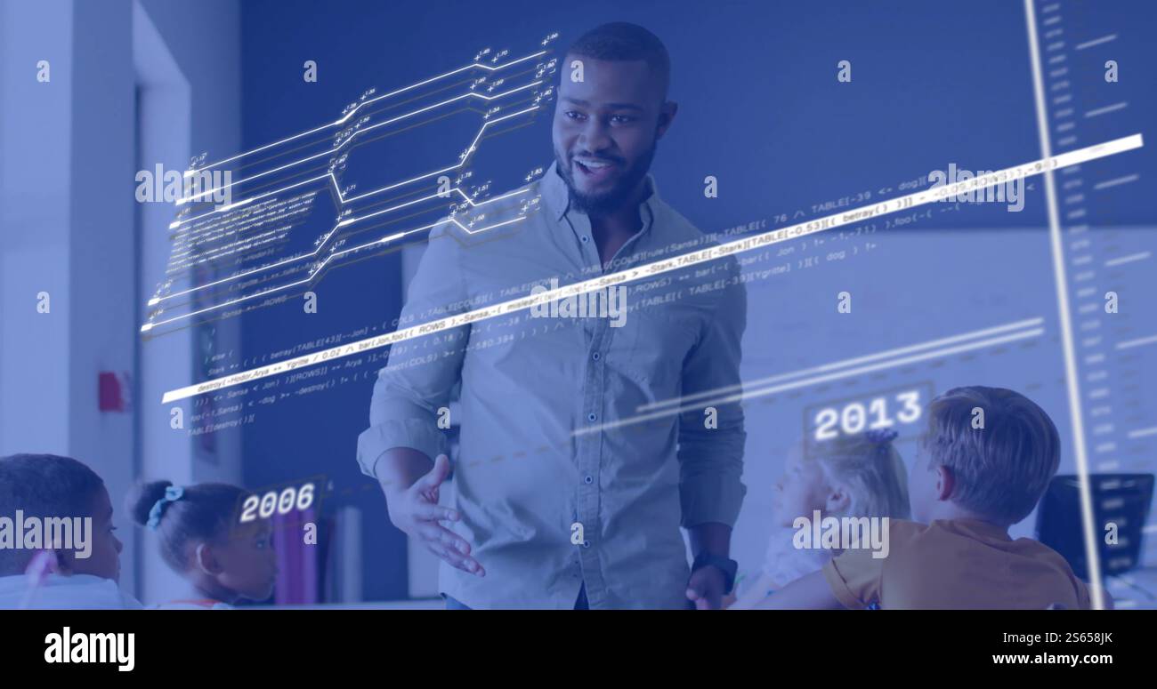 Image of motherboard and processing data over diverse male teacher and ...