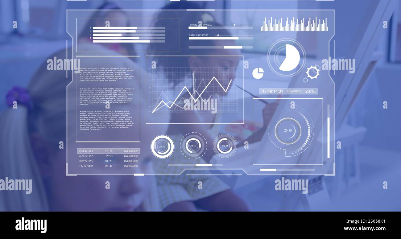 Image of interfaces with charts processing data over diverse schoolgirls painting in art class ...