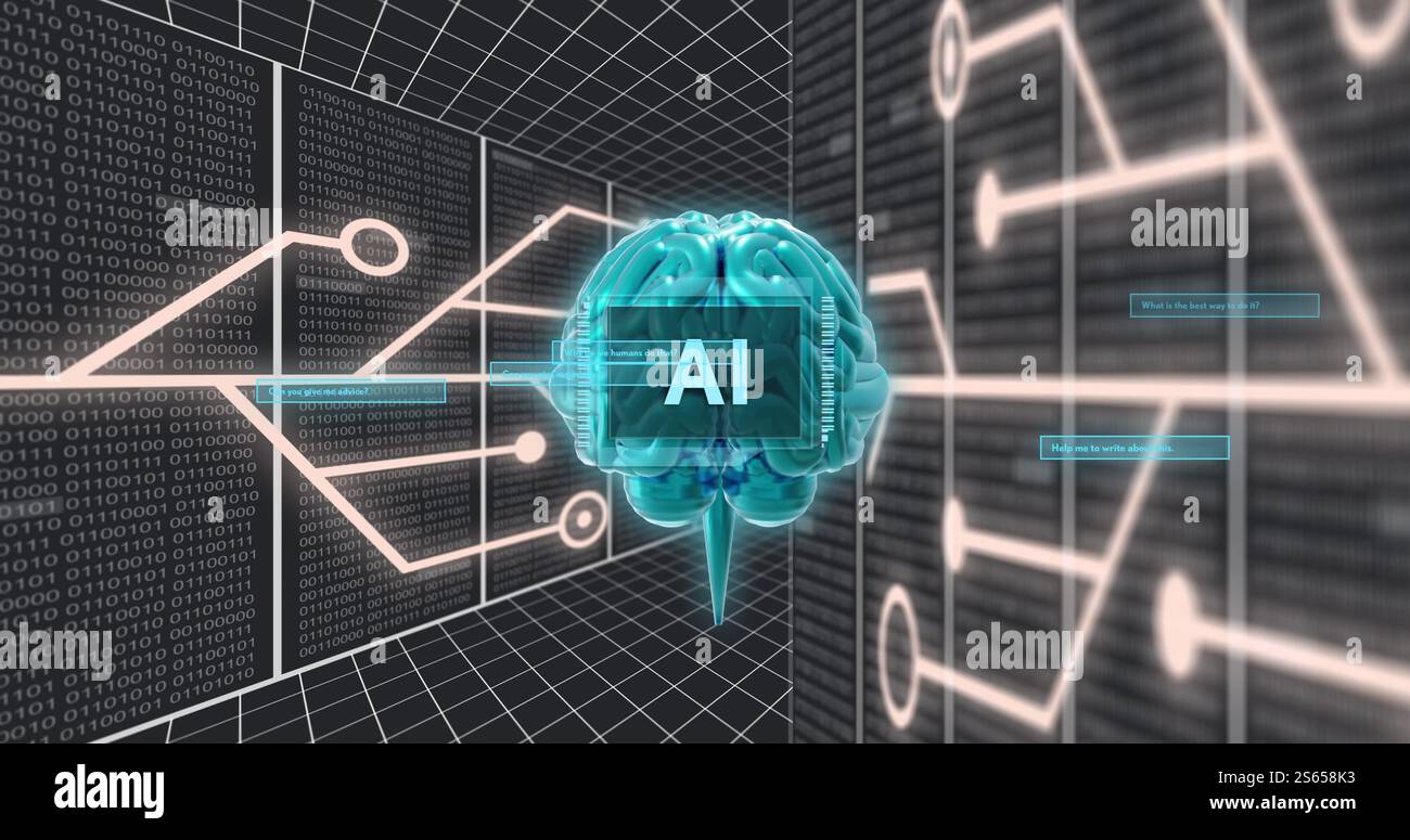 Image of digital brain spinning with ai text over connections Stock Photo - Alamy