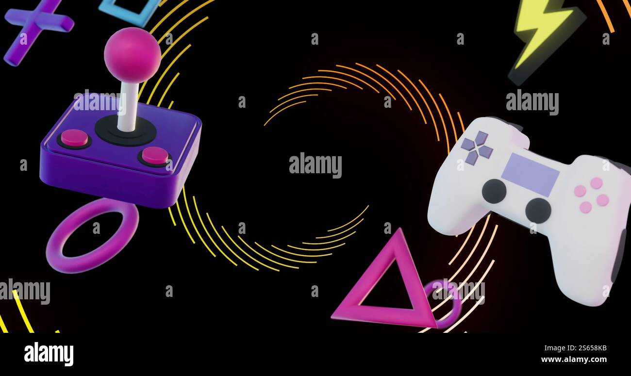 Image of game icons over spinning lines on black background Stock Photo ...