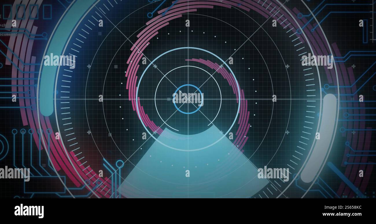 Image of scope scanning with computer circuit board over spinning lines ...
