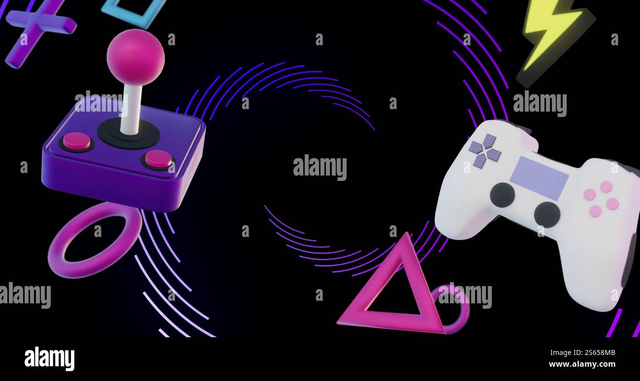 Image of icons, gamepads and game controllers over spiral on black ...