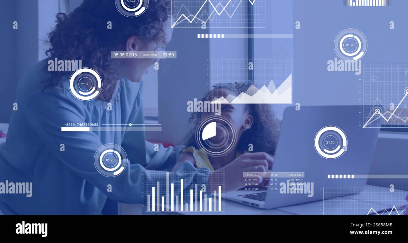 Image of charts processing data over diverse female teacher and ...