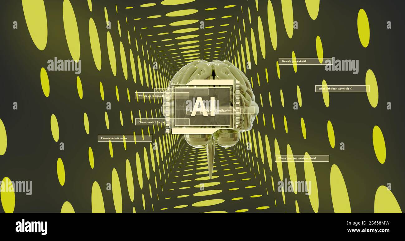 Image of digital brain spinning with ai text over yellow spots Stock Photo - Alamy