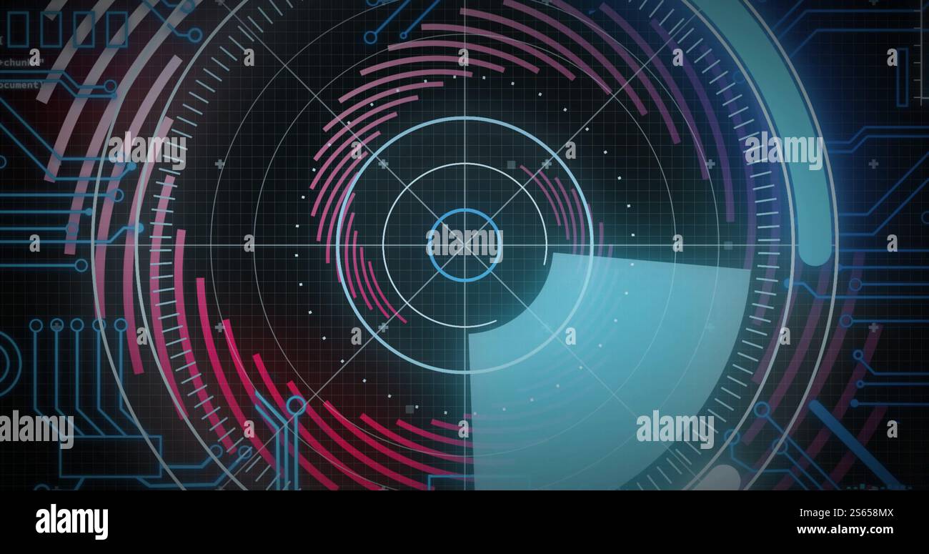 Image of scope scanning with computer circuit board over spinning lines on black background ...