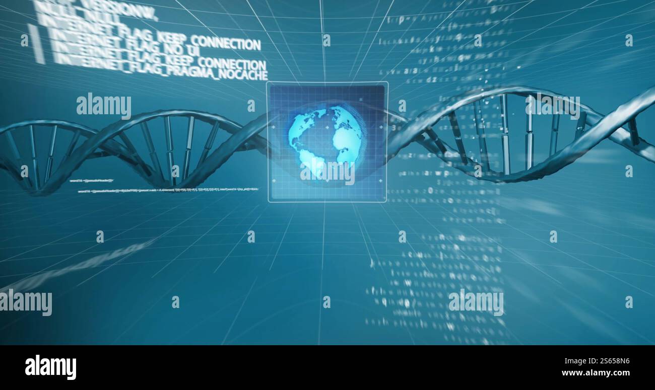 Image of digital data processing, globe over dna strand Stock Photo - Alamy