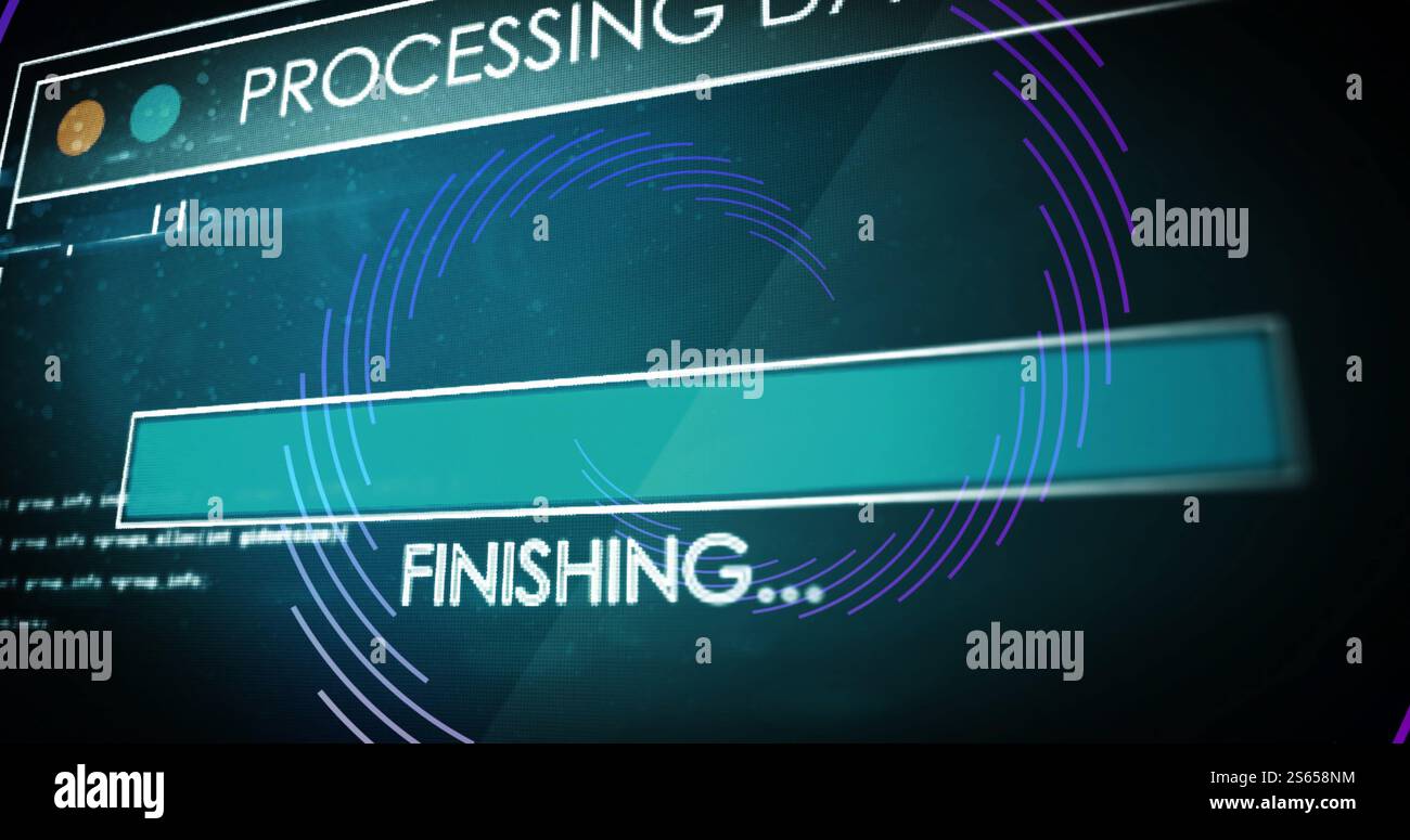 Image of data processing over spinning lines on black background Stock ...