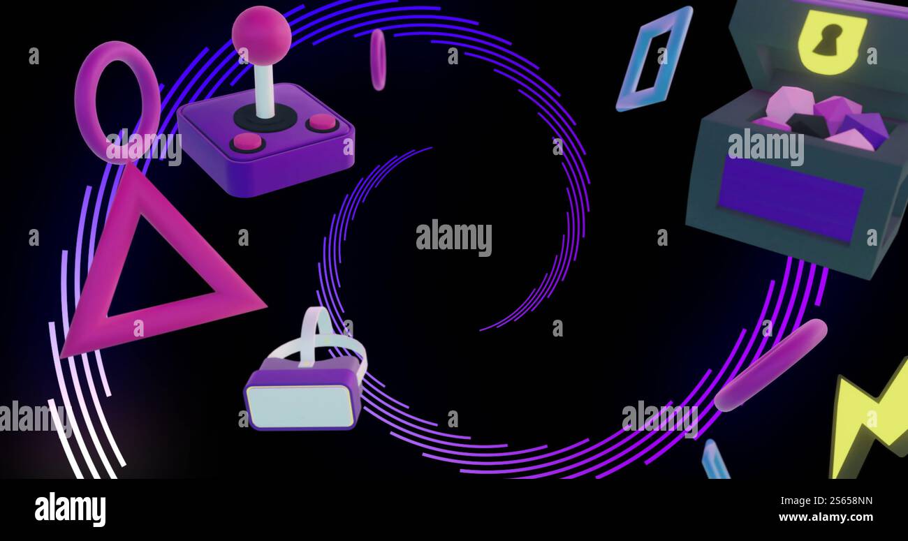 Image of game icons over spinning lines on black background Stock Photo ...