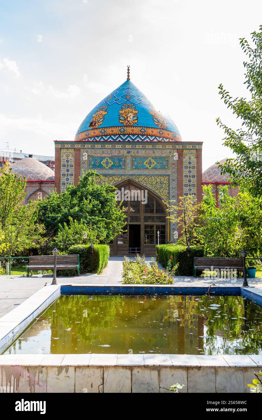 pond and Blue Mosque building in green yard in Yerevan city on sunny ...