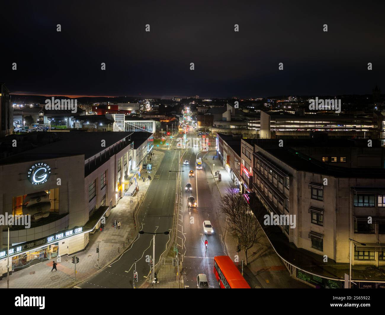 Night view of Plymouth city centre showing Union Street and surrounding ...