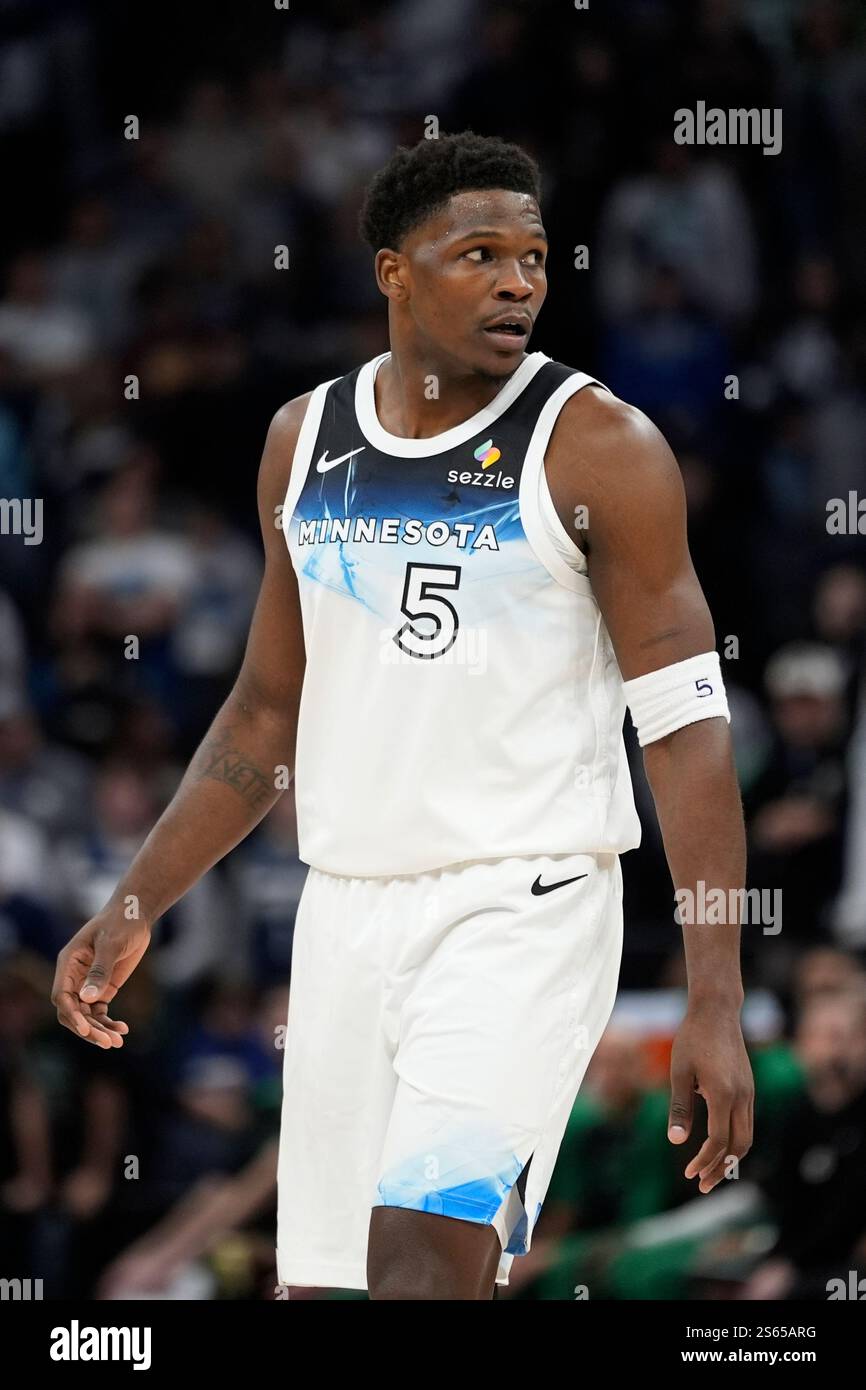Minnesota Timberwolves guard Anthony Edwards (5) stands on the court ...