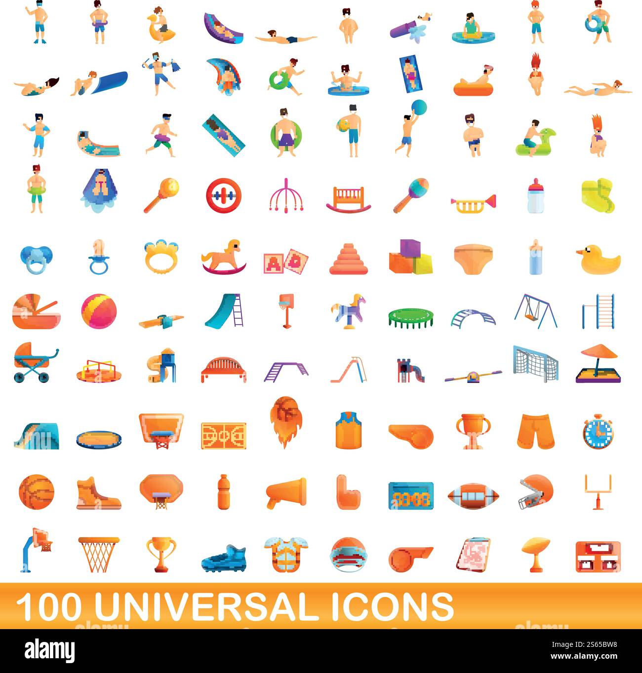 100 universal icons set. Cartoon illustration of 100 universal icons ...