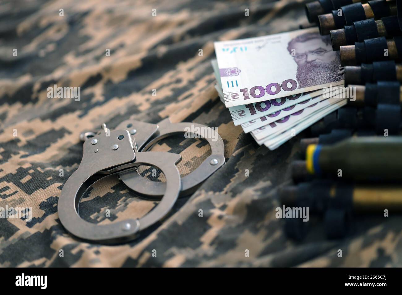 Ukrainian army machine gun belt shells, handcuffs and bunch of hryvnia ...