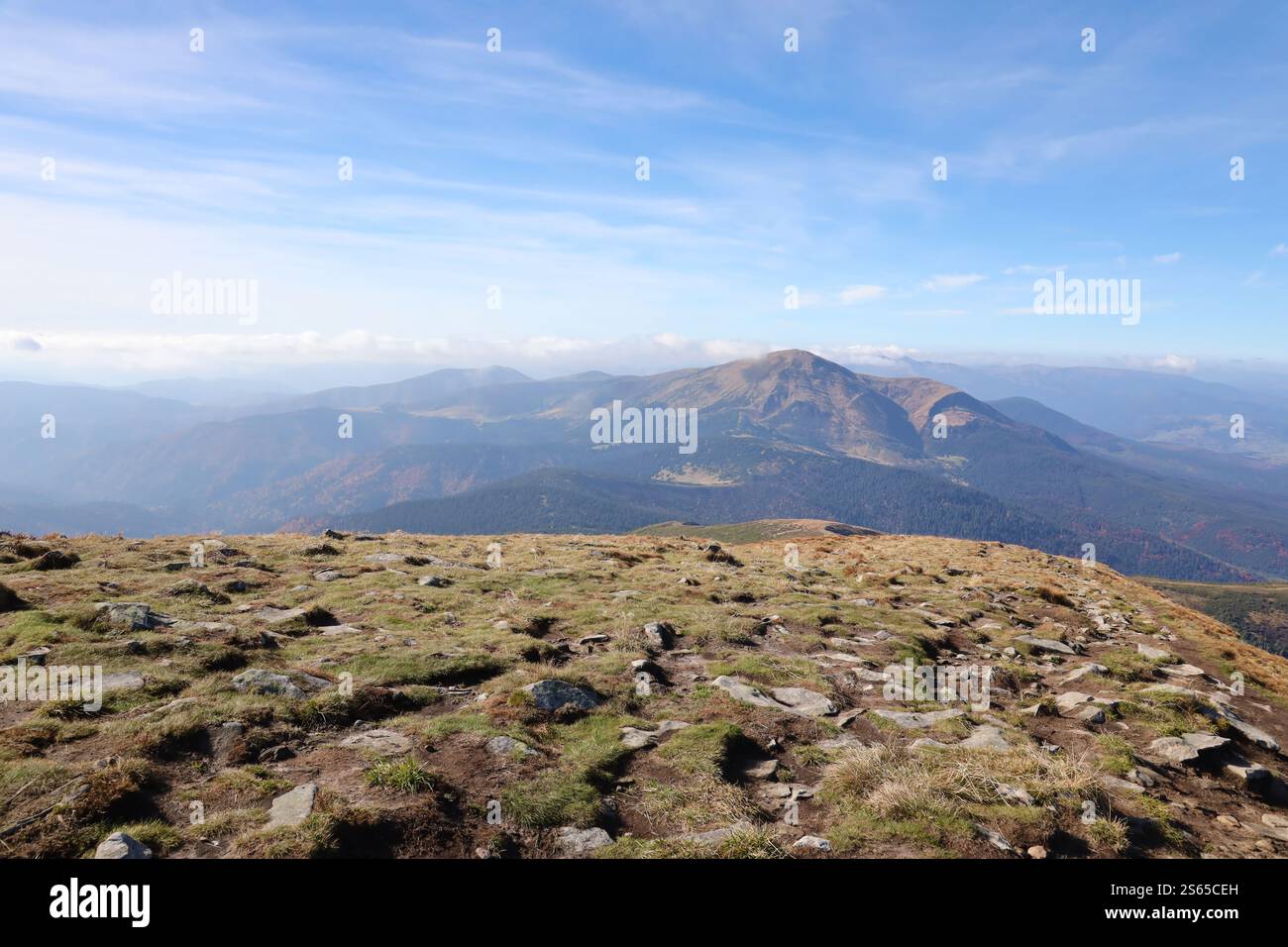 Landscape with Mount Hoverla hanging peak of the Ukrainian Carpathians against the background of ...