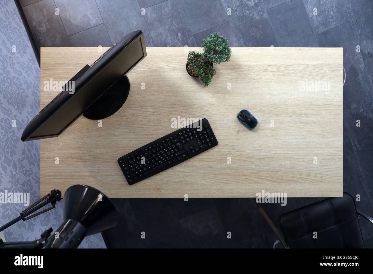 Office desktop with computer and accessories. Top view close up. Office ...