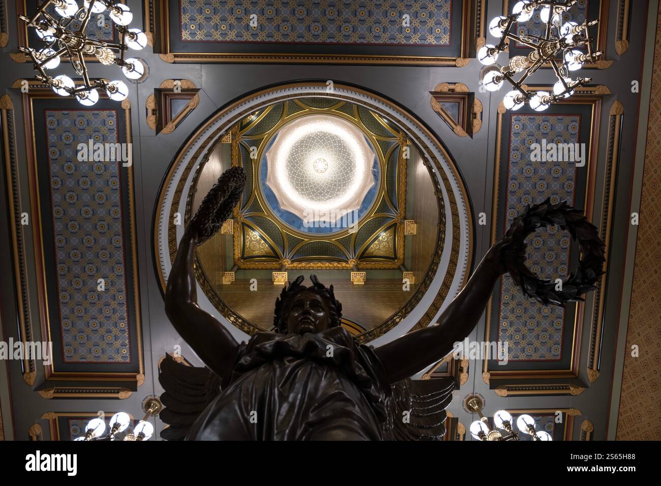 View looking up at the bronze statue titled "The Genius of Connecticut ...