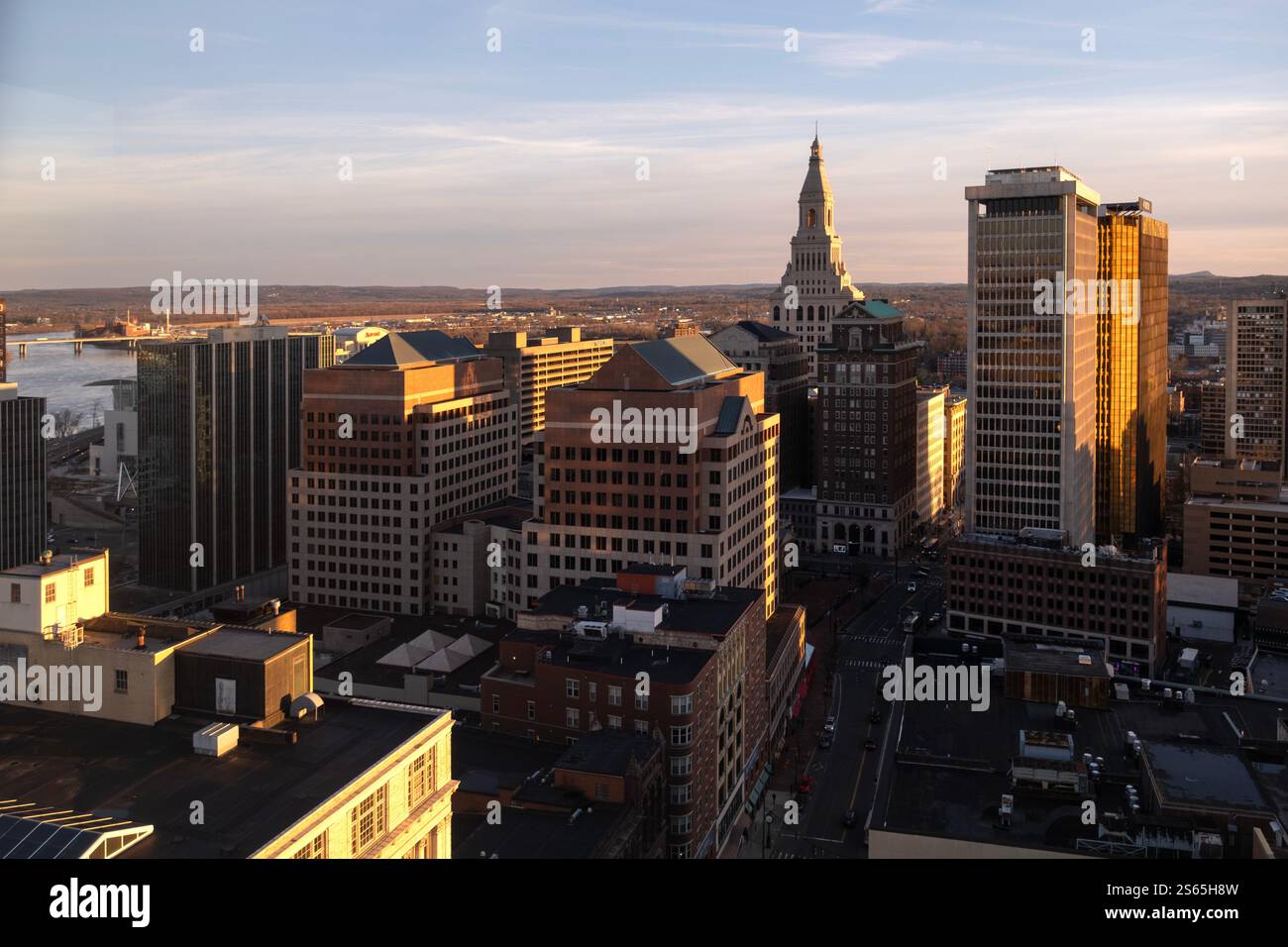 Aerial view of the downtown skyline of Hartford Connecticut at sunset ...