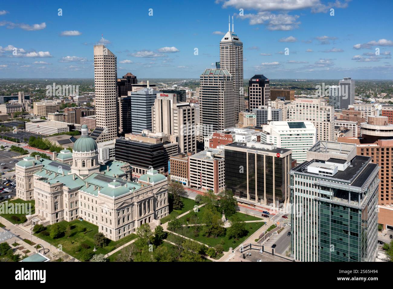 Aerial view of downtown Indianapolis skyline with the Indiana ...