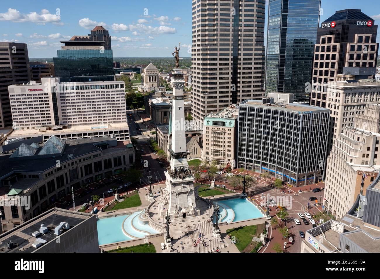 View looking down on the Soldiers and Sailors tower in Monument Circle in downtown Indianapolis ...