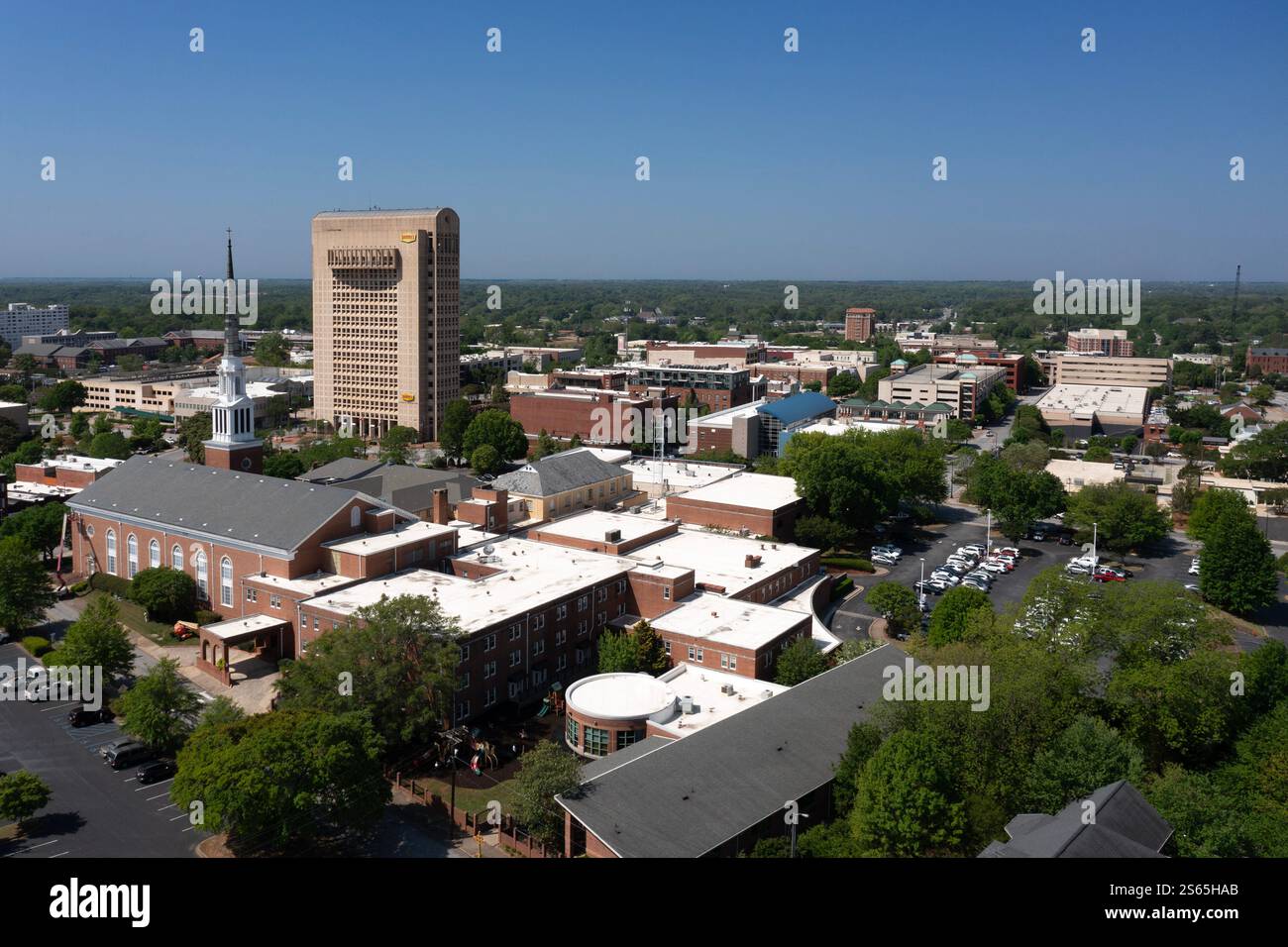 Aerial view of downtown Spartanburg South Carolina under a blue summer ...