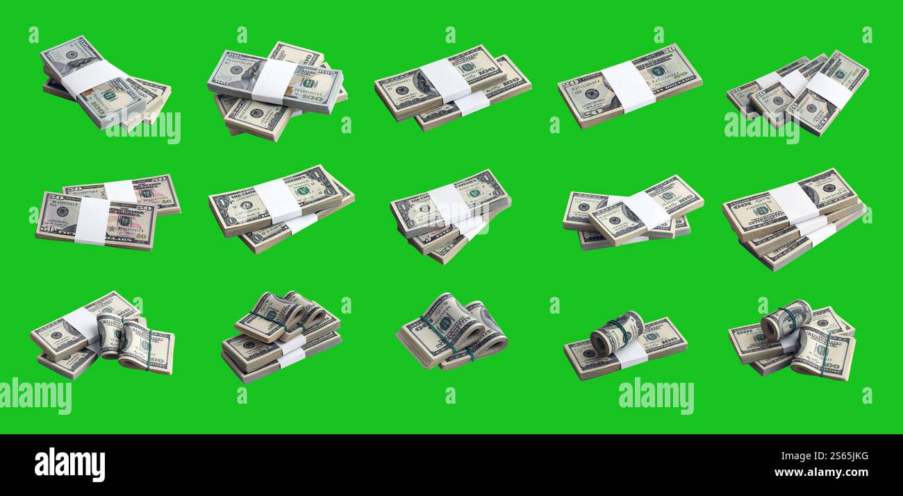 Big set of bundles of US dollar bills isolated on chroma key green ...