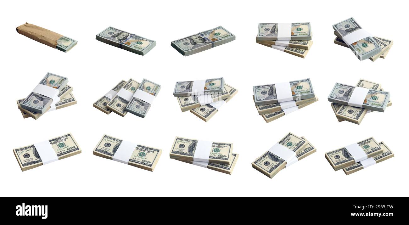 Big set of bundles of US dollar bills isolated on white. Collage with ...