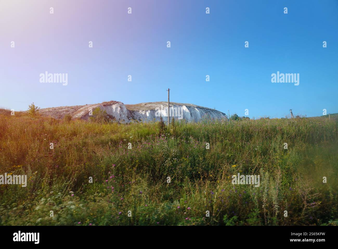 Ancient multimillion chalk mountains on the steppe surface of earth ...