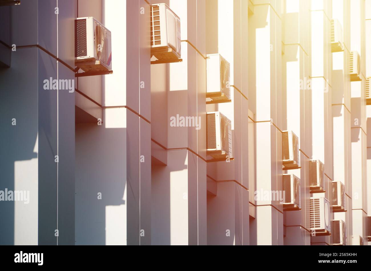 Many HVAC air conditioning and ventilation systems on wall. Outdoor Air ...