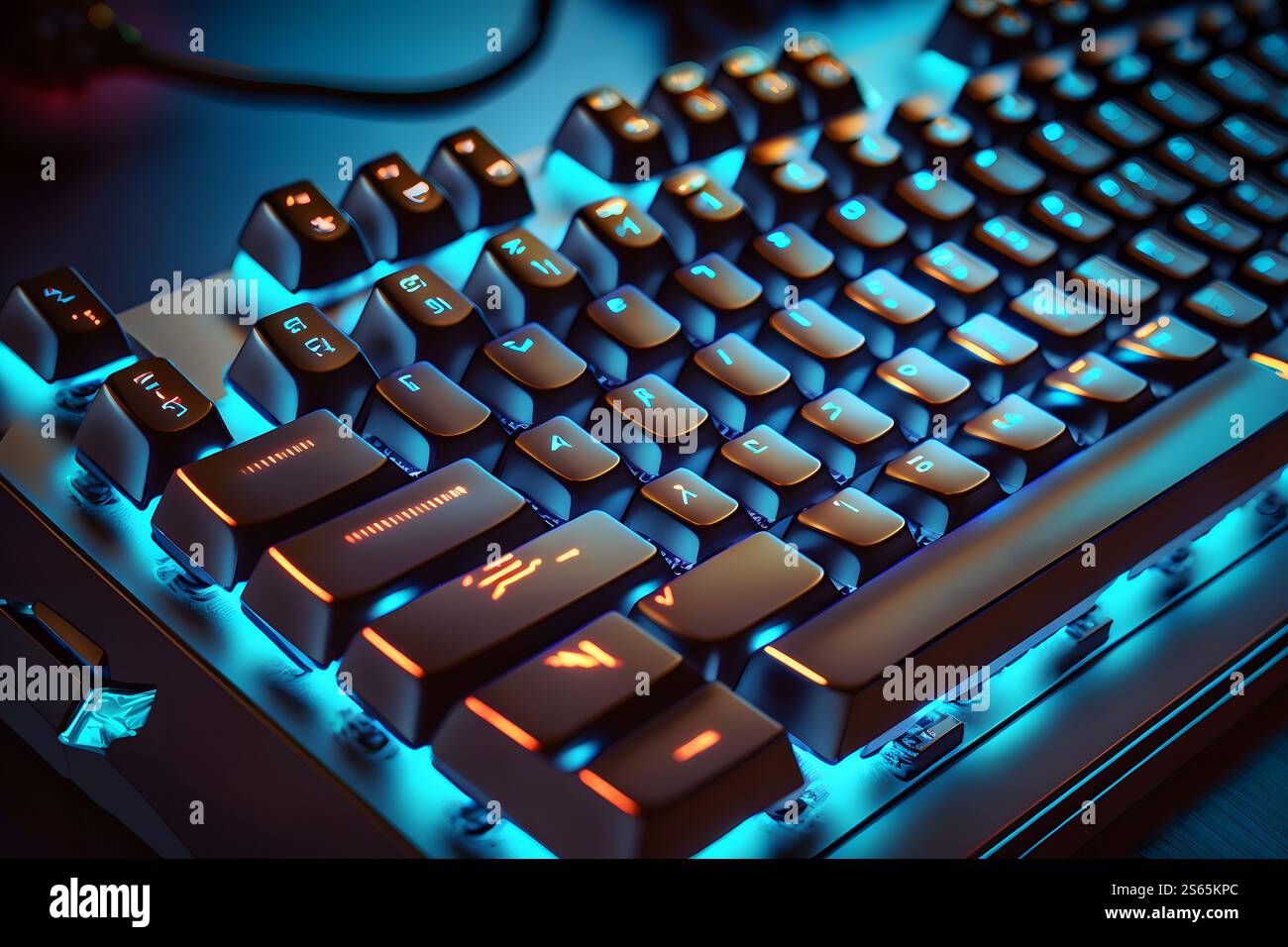 Futuristic custom PC keyboard concept with glowing blue tones. Neural ...