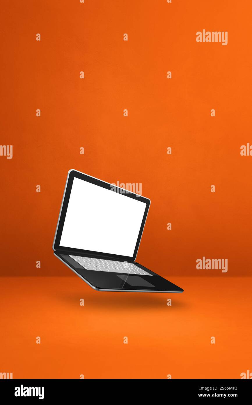 Blank computer laptop floating over an orange background. 3D isolated ...
