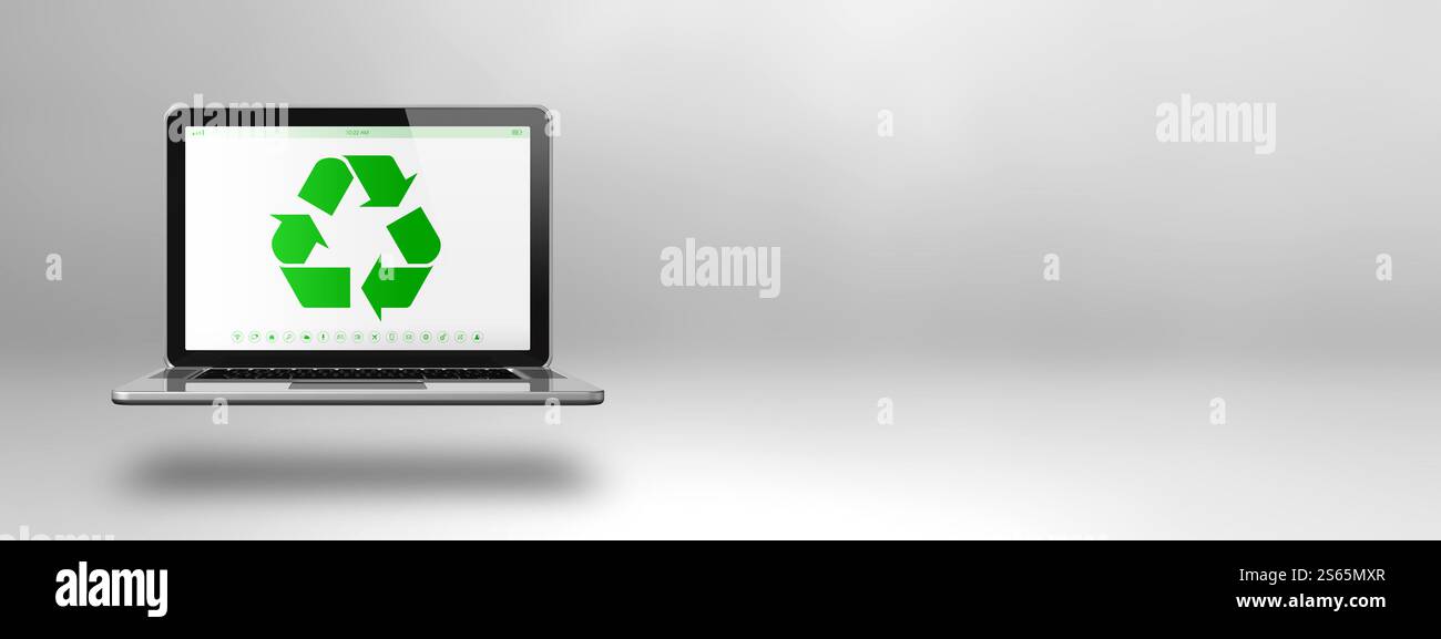 Laptop computer with a recycling symbol on screen. environmental ...