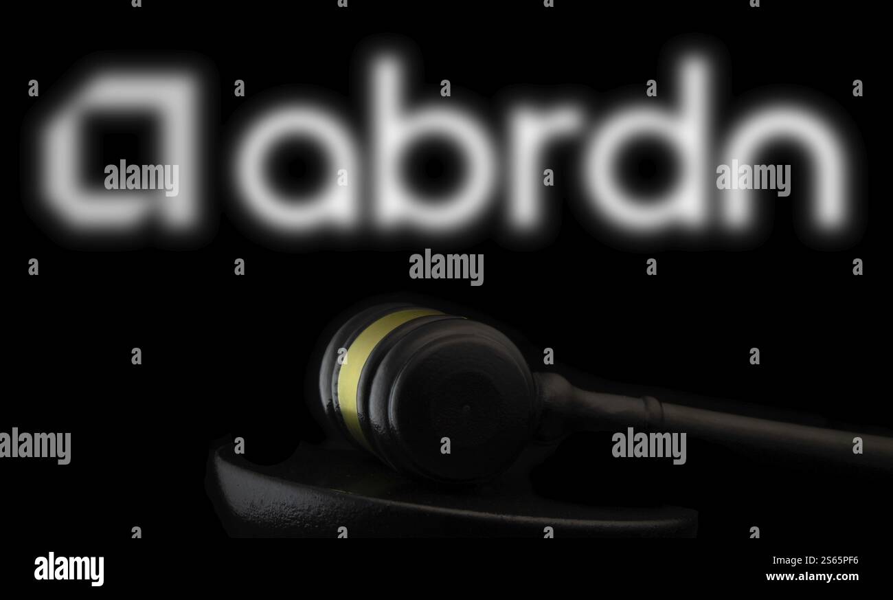 Court gavel in front of the abrdn logo. Abrdn plc is a United Kingdom ...