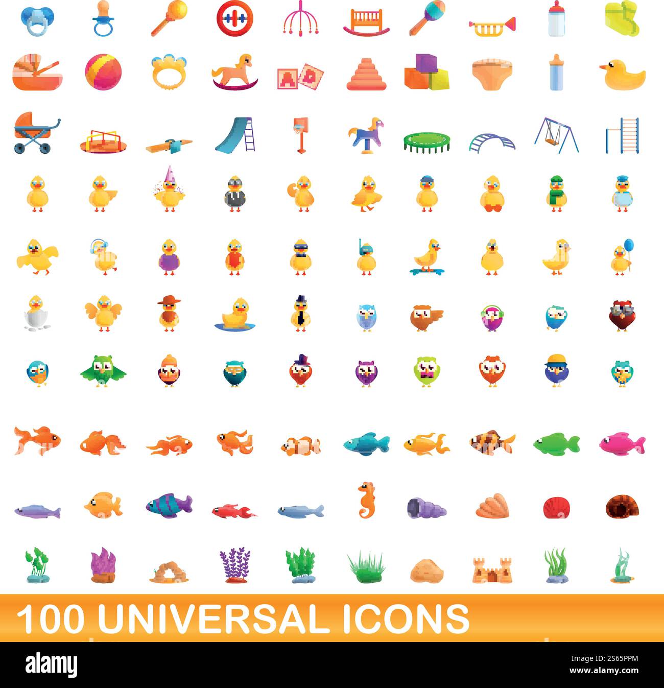 100 universal icons set. Cartoon illustration of 100 universal icons ...