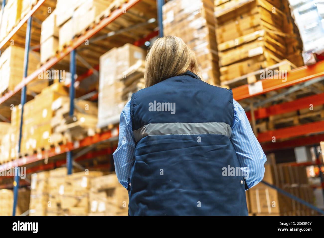 Low angle view of the rear view of a caucasian blonde woman working in ...