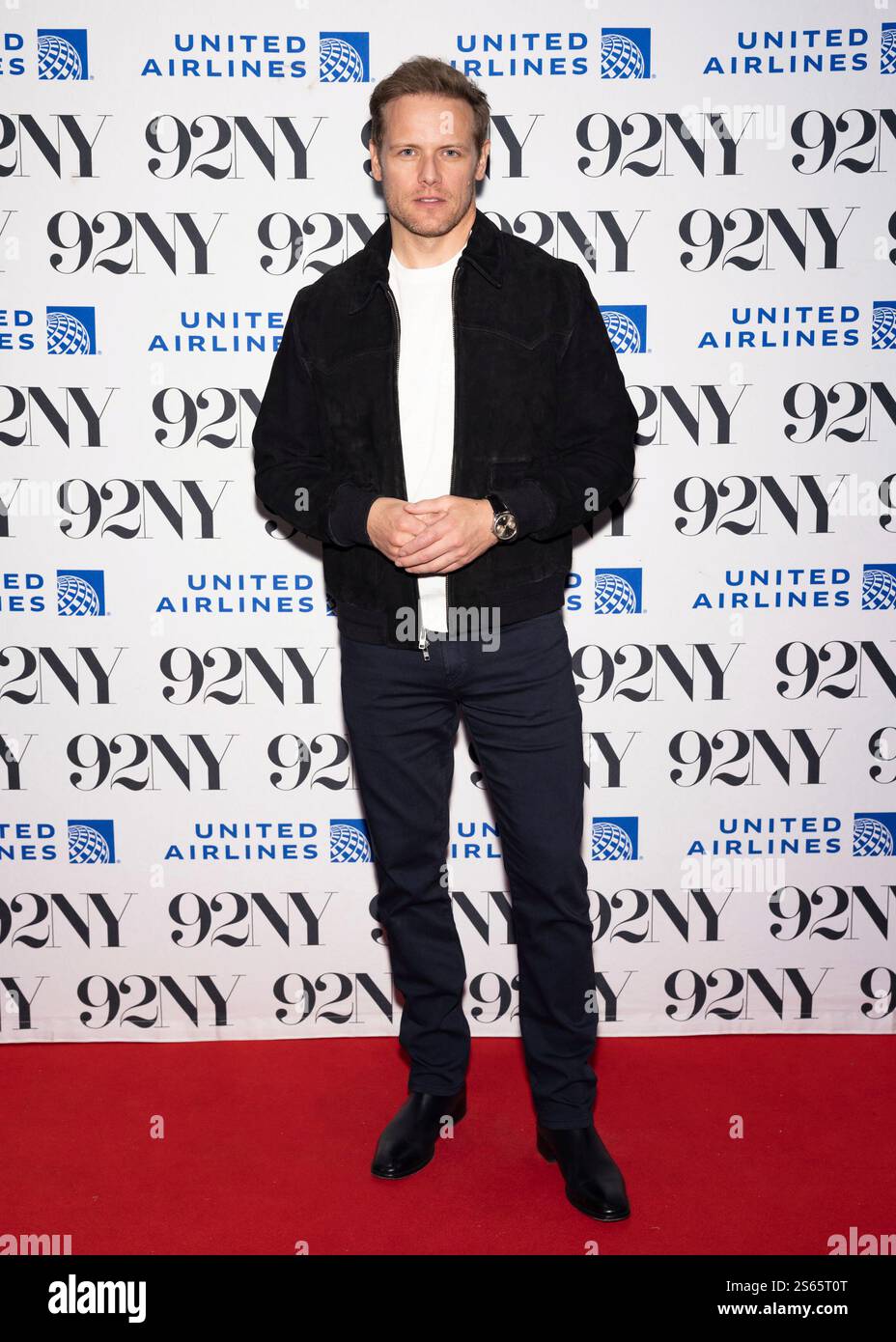 Actor Sam Heughan poses backstage before discussing the Starz ...