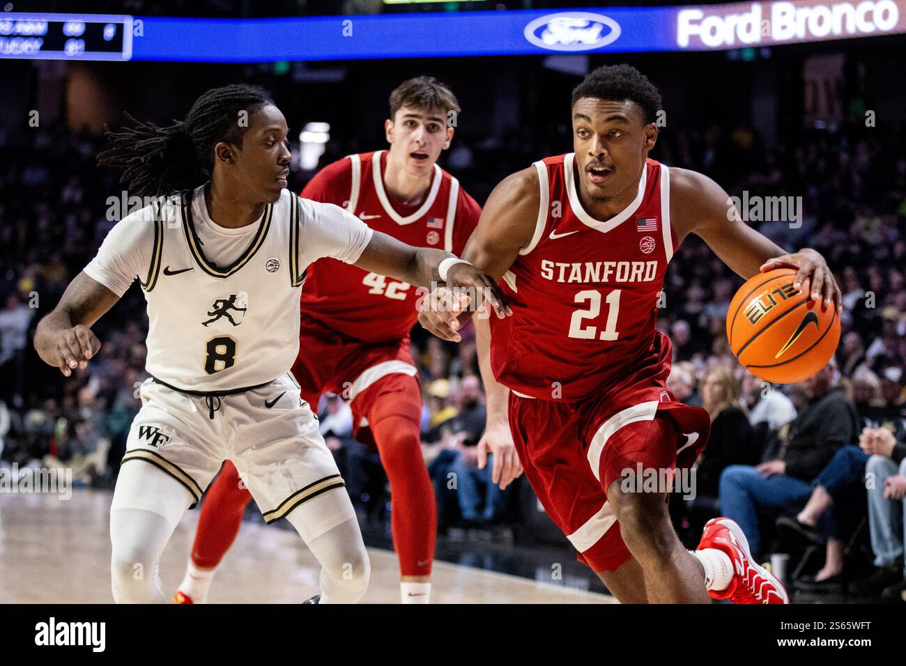 Winston-Salem, NC, USA. 15th Jan, 2025. Stanford guard Jaylen Blakes ...