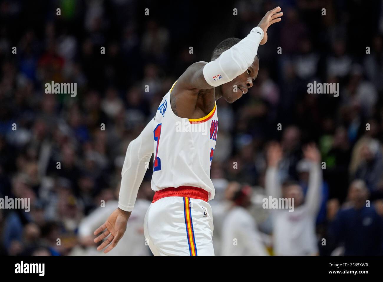Golden State Warriors guard Dennis Schroder celebrates after making a 3 ...