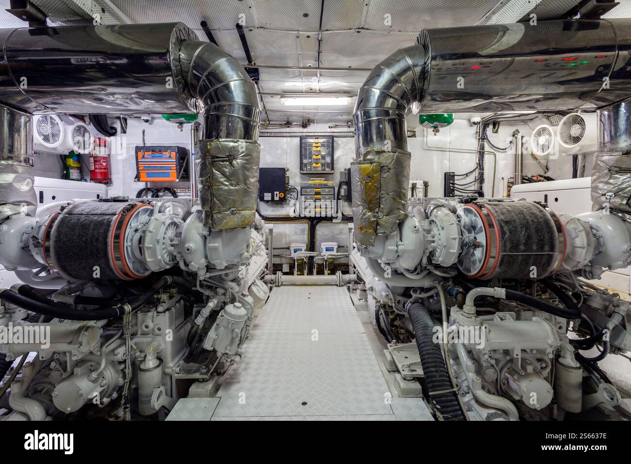 Interior of a luxury yacht ship engine room of a motorboat Stock Photo ...