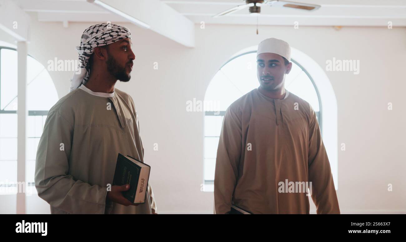 Muslim, men and talking in mosque for friendship, support and Arabic ...