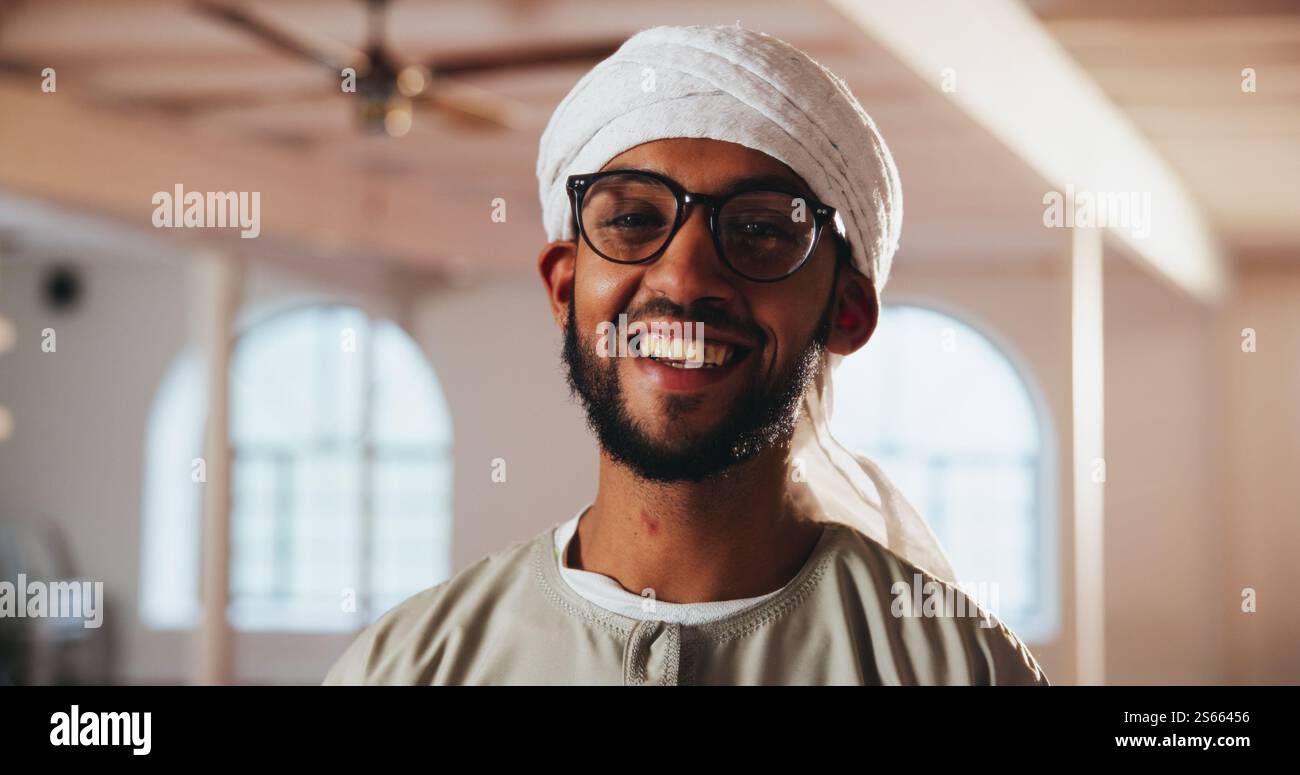 Happy, mosque and portrait of Muslim man for prayer, worship and faith ...