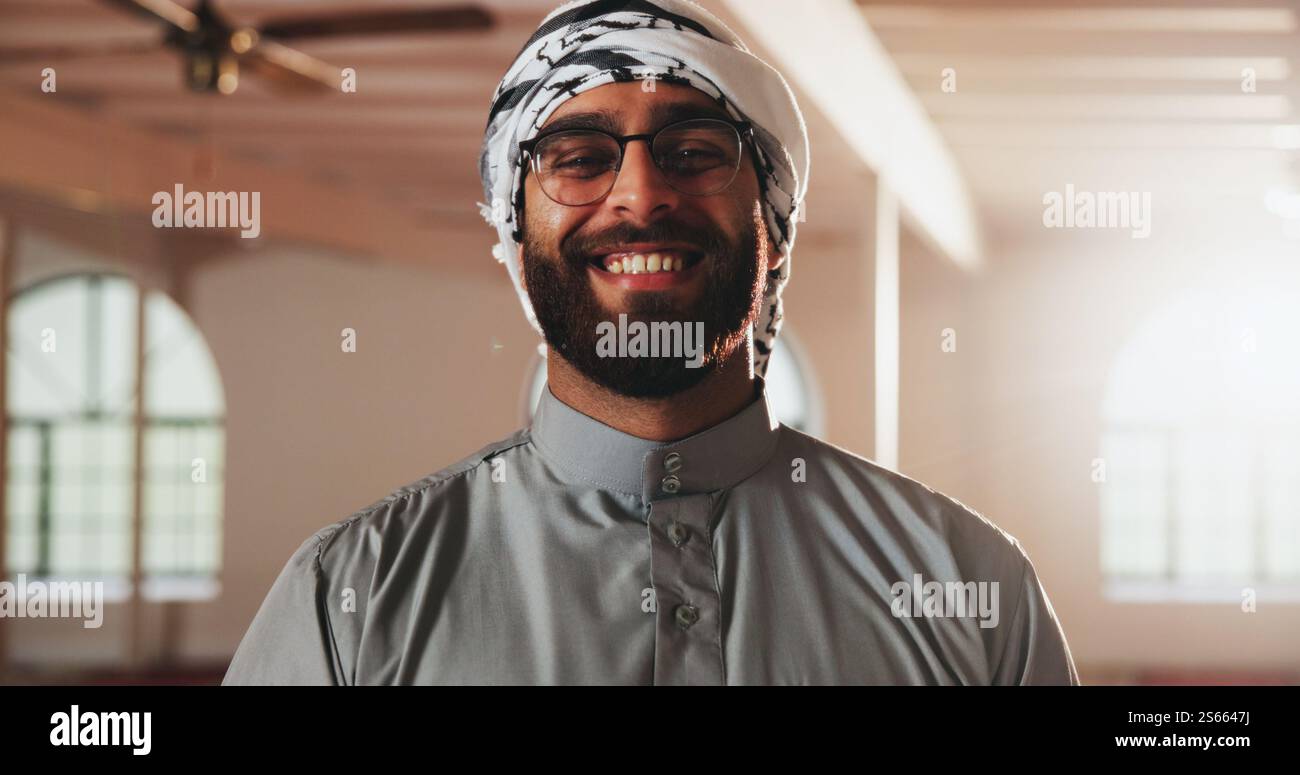 Happy, mosque and portrait of Muslim man with smile in religious ...