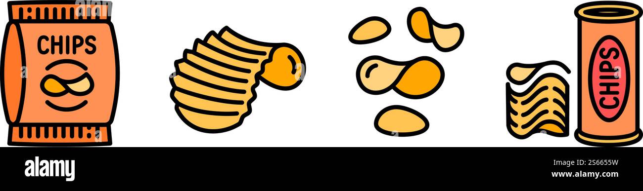 Chips potato icons set. Outline set of chips potato vector icons for ...