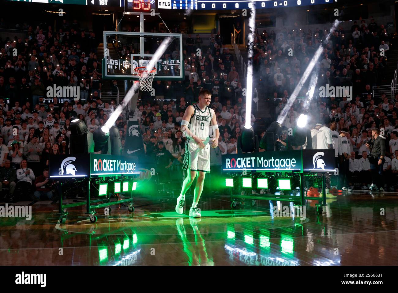 Michigan State forward Jaxon Kohler (0) is introduced before an NCAA ...