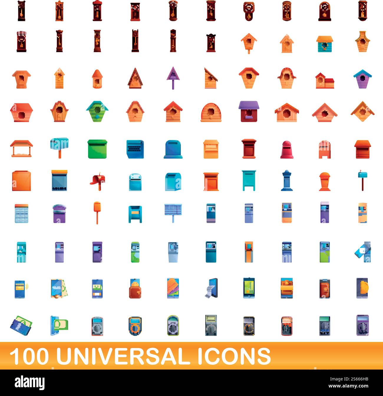100 universal icons set. Cartoon illustration of 100 universal icons ...