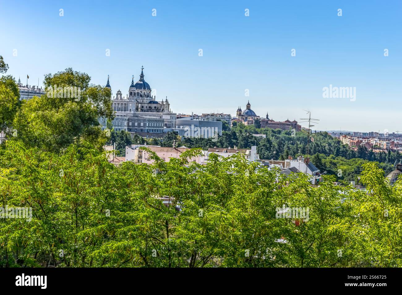 Cityscape of Madrid, Spain with Catedral de la Almudena, Royal Palace ...
