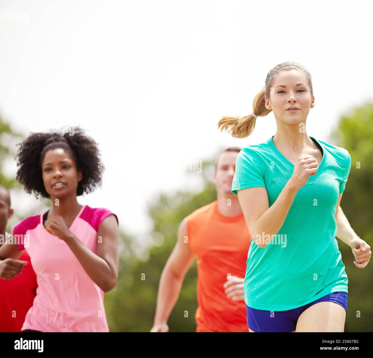 People, fitness or running with friends in nature for outdoor workout ...