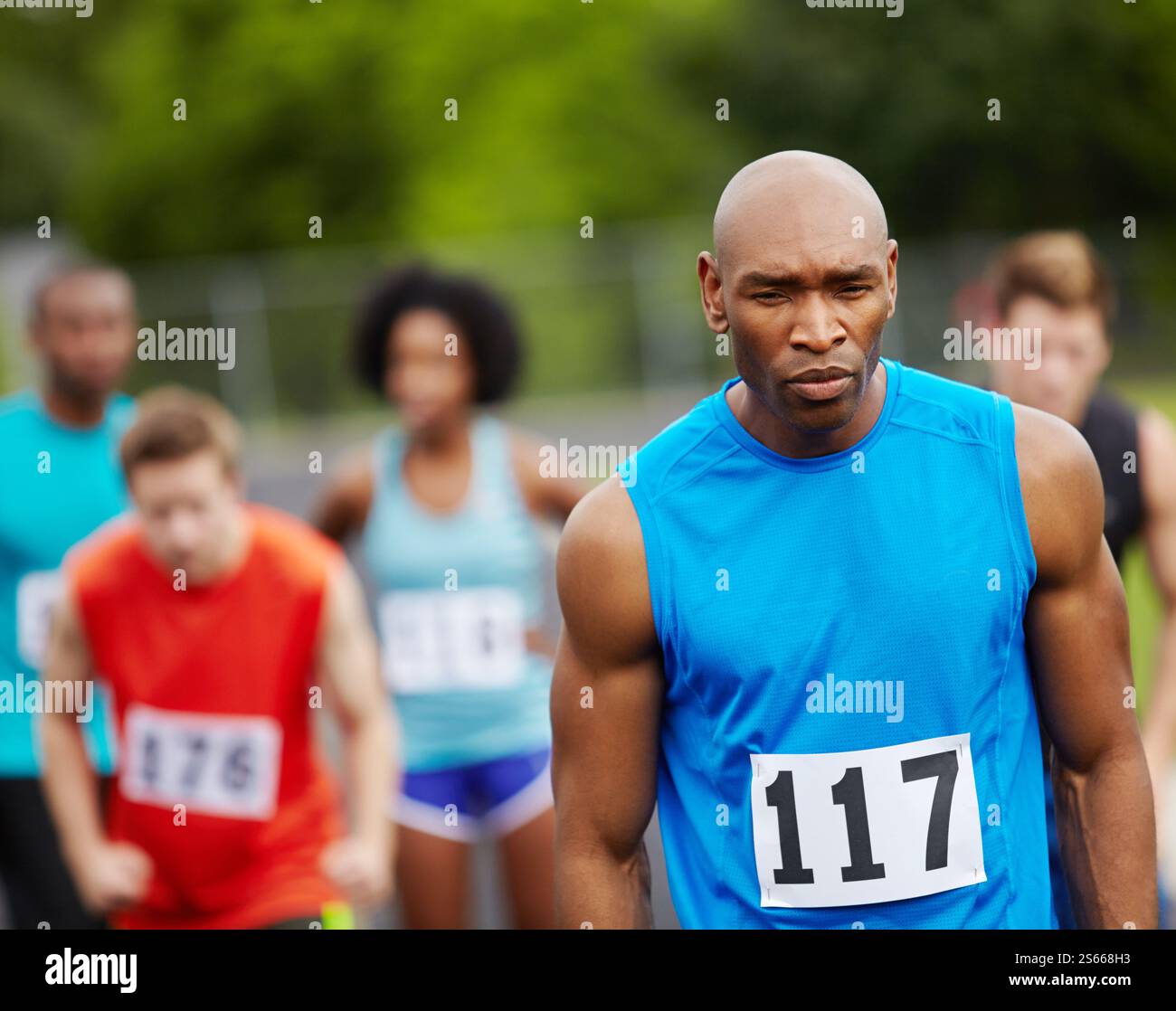 Sports, runner and black man with marathon, group and support with ...