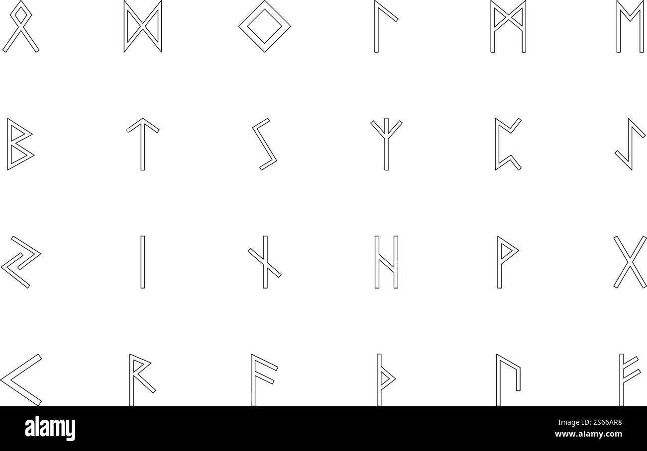 Scandinavian runes black color set outline style illustration ...