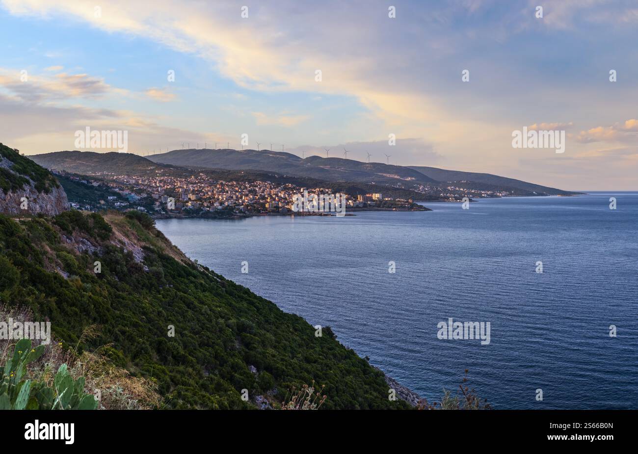 Summer morning Adriatic coastline landscape, Bar, Montenegro. Panorama ...