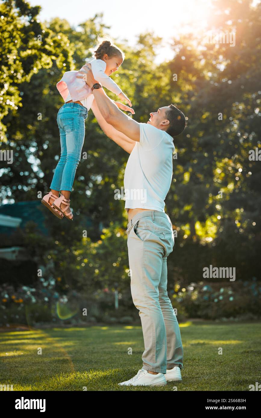 Flying, father and child with playing in garden for fantasy game ...